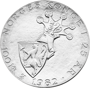 Norges Konge i 25 år - 100 kroner sølv - utgitt i 1982 - Minnemynter ...