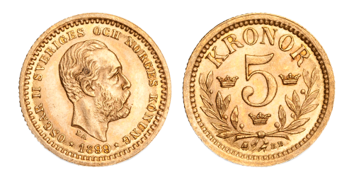Unionstidens Første 5 Krone I Gull Preget I Sverige Under Kong Oscar Ii
