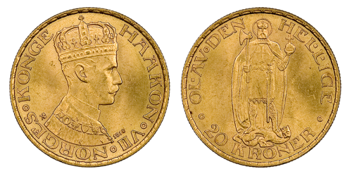 20 kroner 1910 - Gullmynt utgitt under kong Haakon VII - Eldre Mynter ...