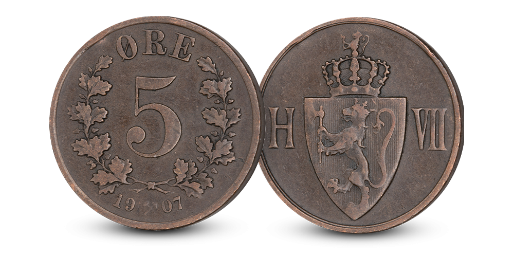 Norske ører i bronse - Kong Haakon VIIs første 5-øre i bronse ...